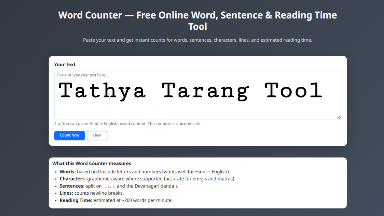 Word Counter Online Tool | हिंदी + English Word, Character & Reading Time Counter